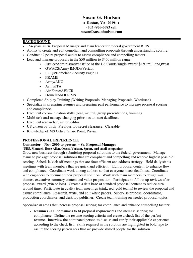 Senior Proposal Manager Federal in Washington DC Resume Susan Hudson ...