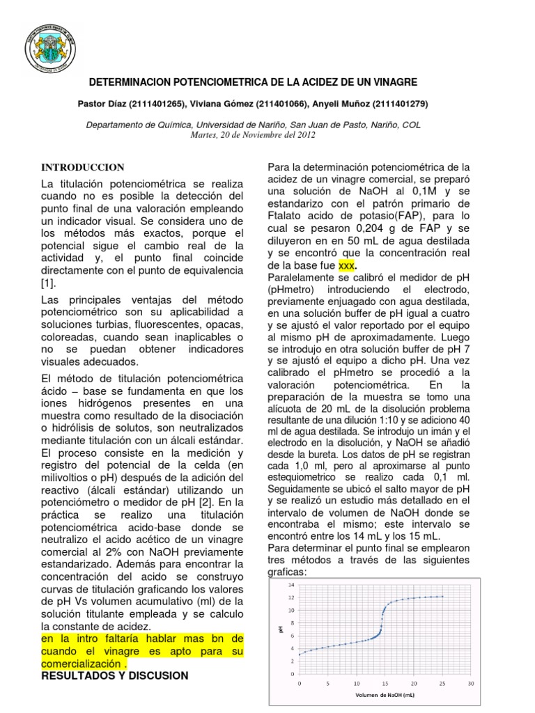 Determinacion Potenciometrica de La Acidez de Un Vinagre | PDF ... Determinacion Potenciometrica de La Acidez de Un Vinagre | PDF ...