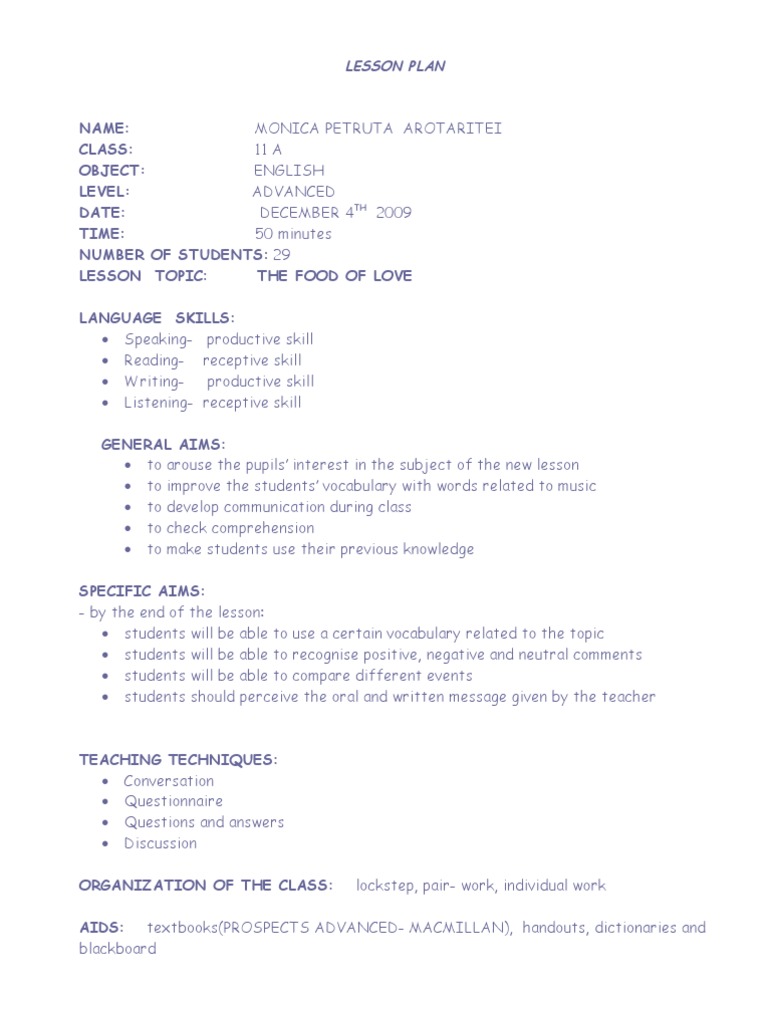 0 Lesson Plan 11a The Food of Love | PDF | Lesson Plan | Reading ...