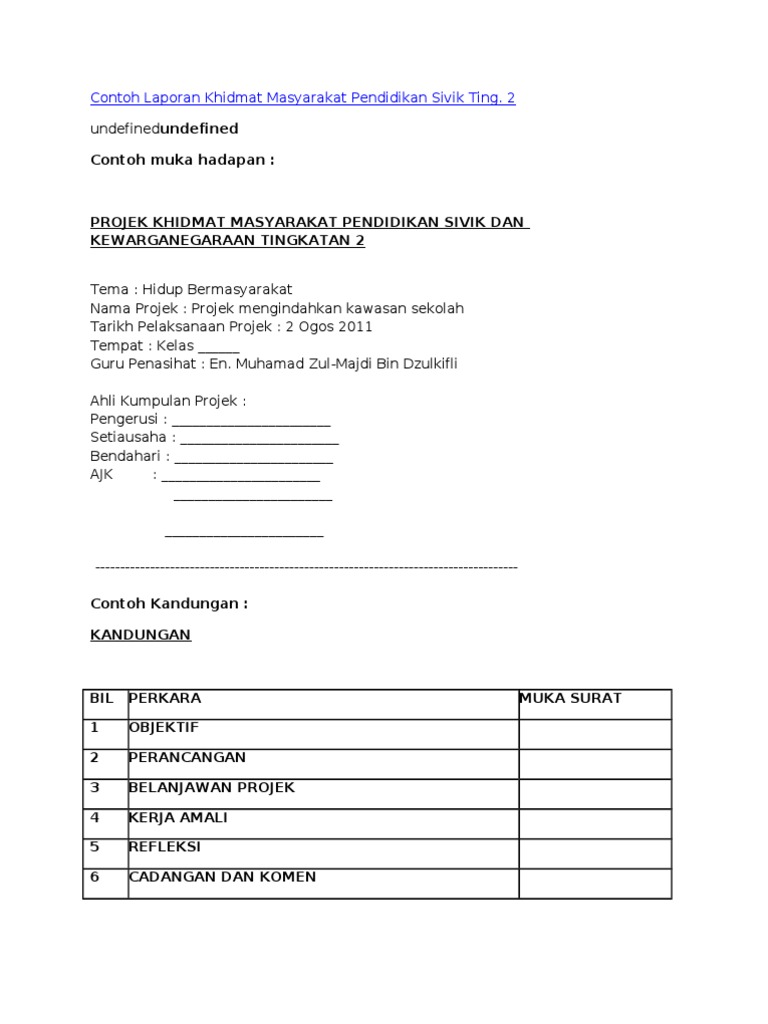 Contoh Laporan Khidmat Masyarakat Pendidikan Sivik Ting | PDF