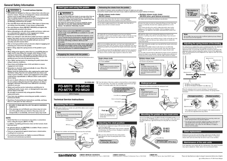 Adjusting Shimano SPD Pedals Guide | PDF | Screw | Mechanical Engineering