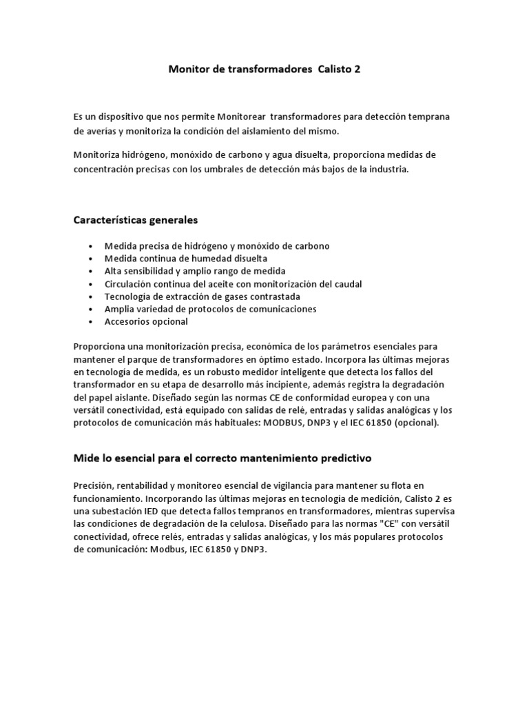 Monitor de Transformadores Calisto 2 | PDF | Transformador | Ingeniería ...