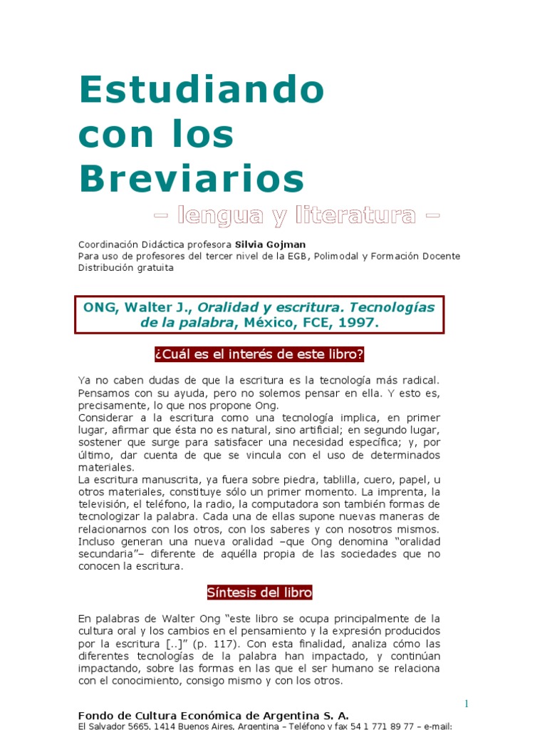 Oralidad y Escritura: Perspectivas de Ong | PDF | Escritura | Sociedad