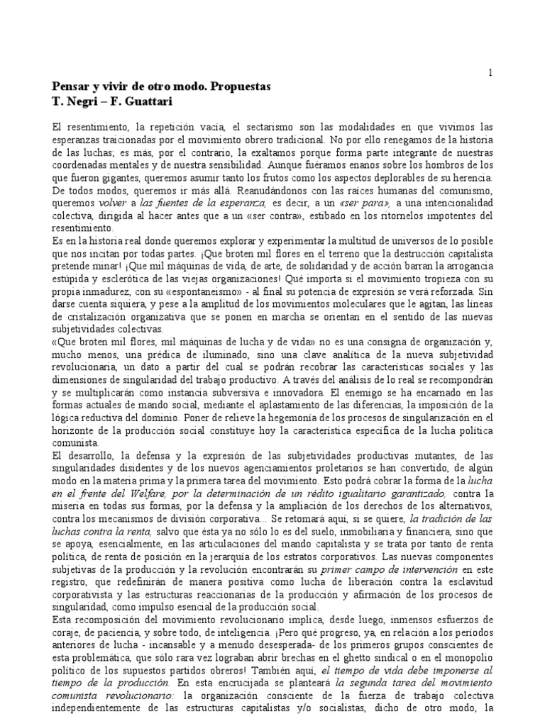Antonio Negri y Felix Guattari - Pensar y Vivir de Otro Modo | PDF ...