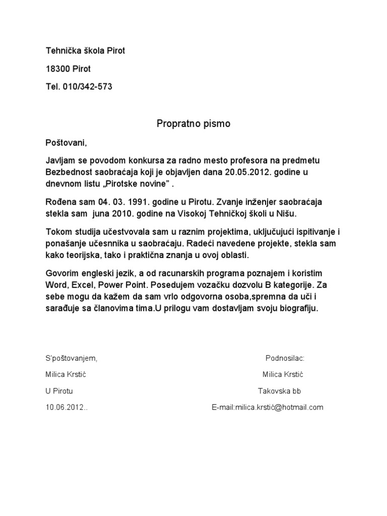 Milica Propratno Pismo | PDF
