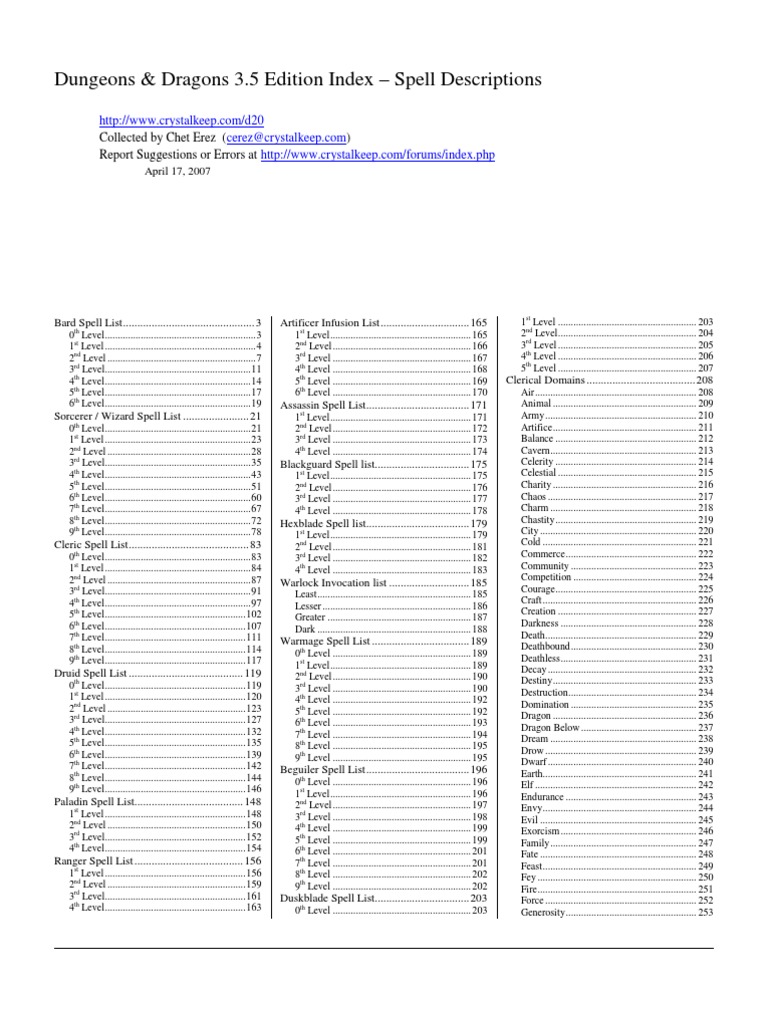 DnD3.5Index Spell Descriptions | PDF | Tsr (Company) Games | Fantasy ...