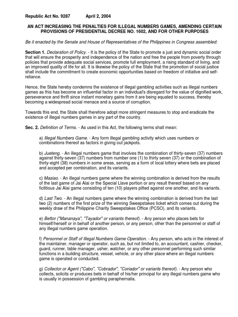 An Act Increasing the Penalties for Illegal Numbers Games, Amending ...