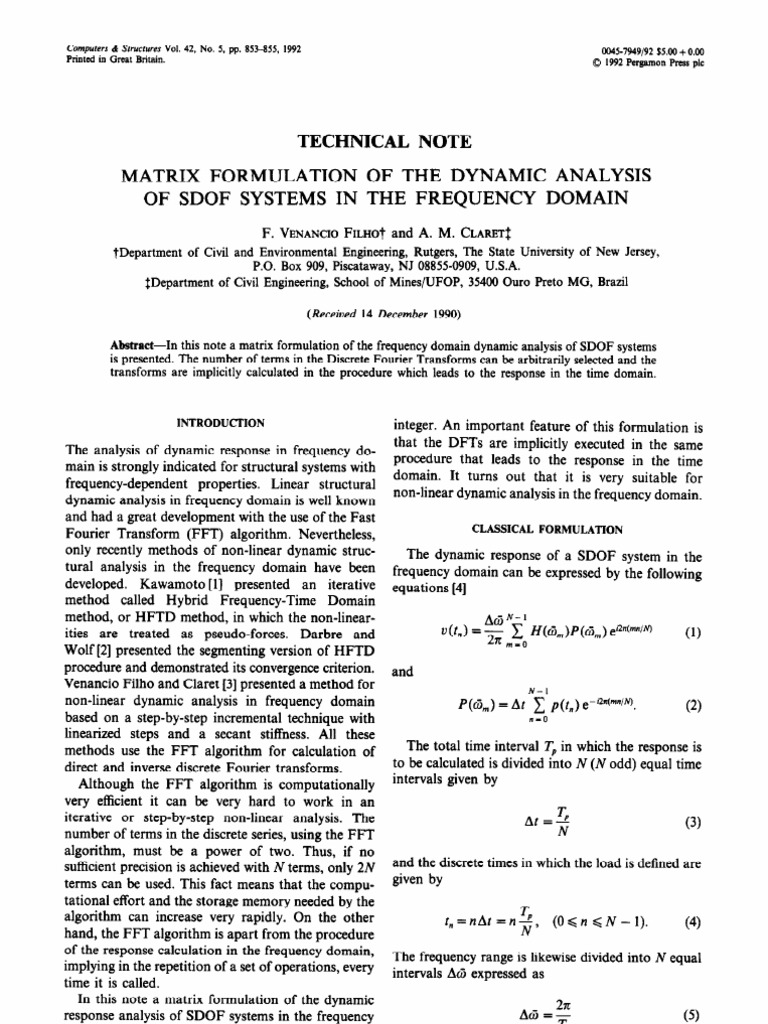 Matrix Formulation of The Dynamic Analysis of Sdof Systems in The ...