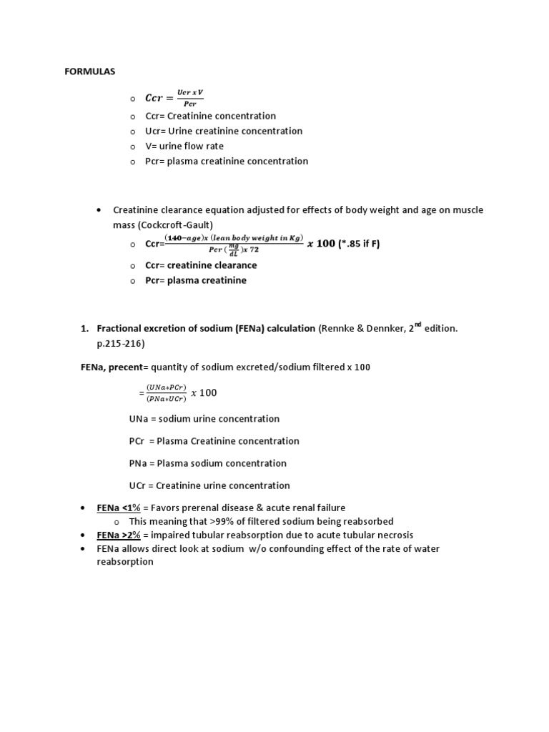 Nephrology Formulas | PDF | Renal Function | Creatinine