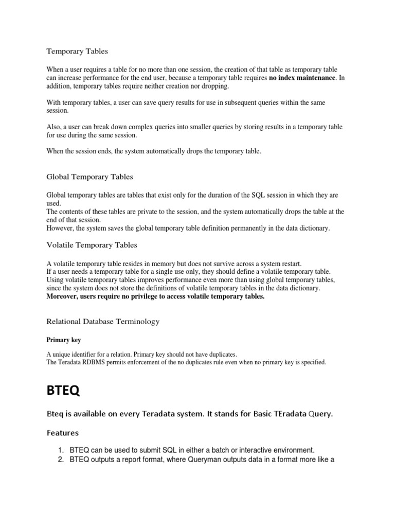 Teradata Quick Notes | PDF | Table (Database) | Information Science