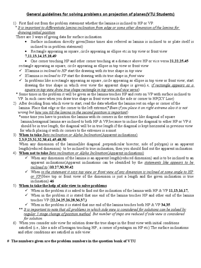 Guidelines For Solving Problems On Projection of Planes (VTU) | PDF ...