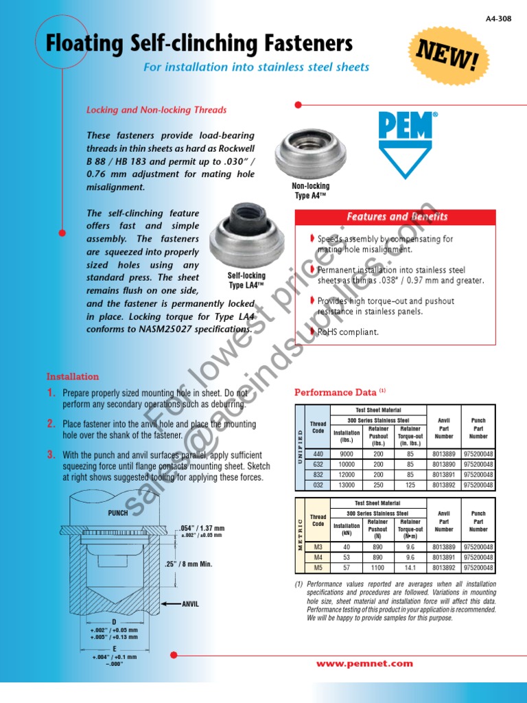 PEM Self Clinching Floating Fasteners | PDF | Stainless Steel ...