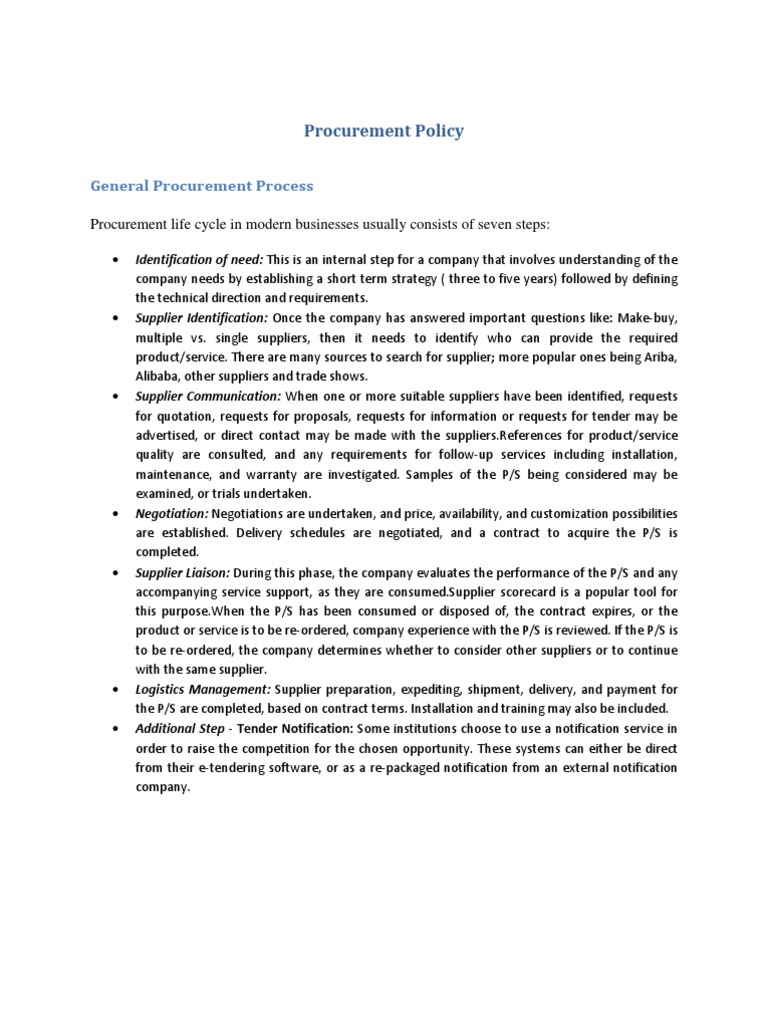 Procurement Policy | PDF | Procurement | Supply Chain