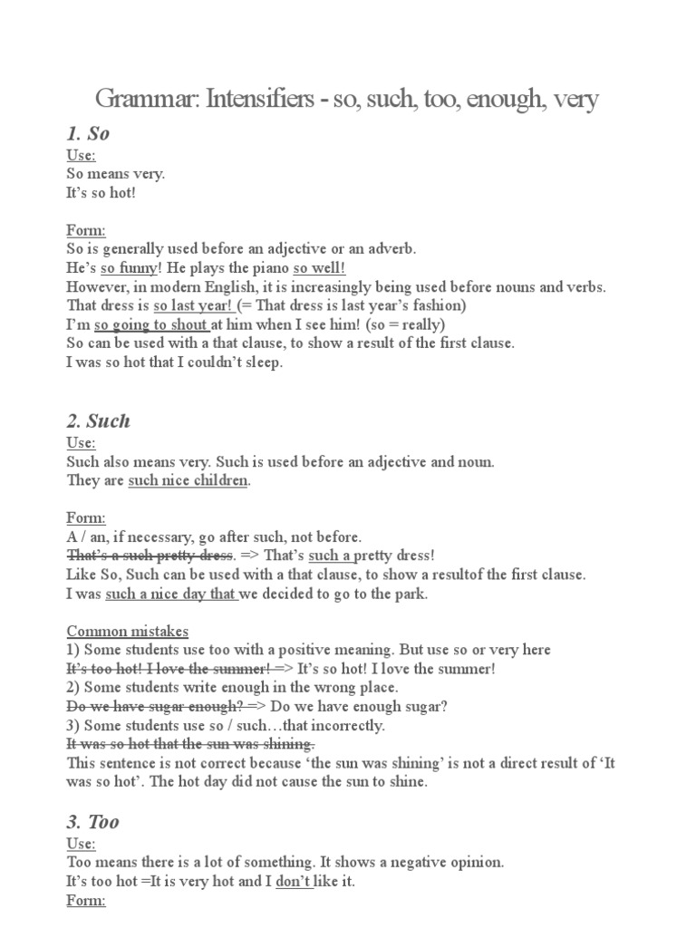 Intensifiers - So, Such, Too, Enough, Very | PDF | Adjective | Verb
