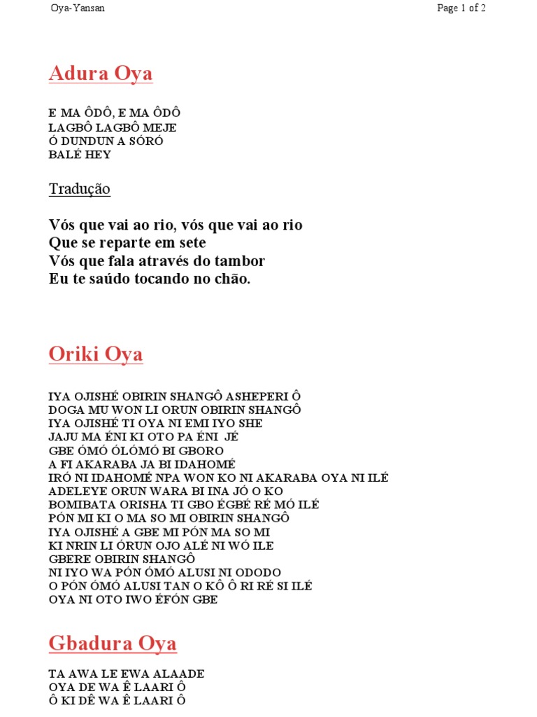 Adura Oya e Oriki Oya | PDF