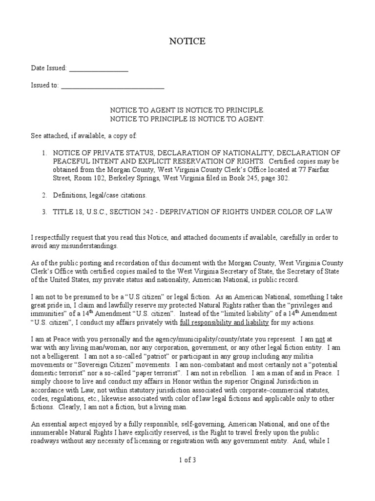 Notice of Status and Rights For Police | PDF | Traffic | Fourteenth ...