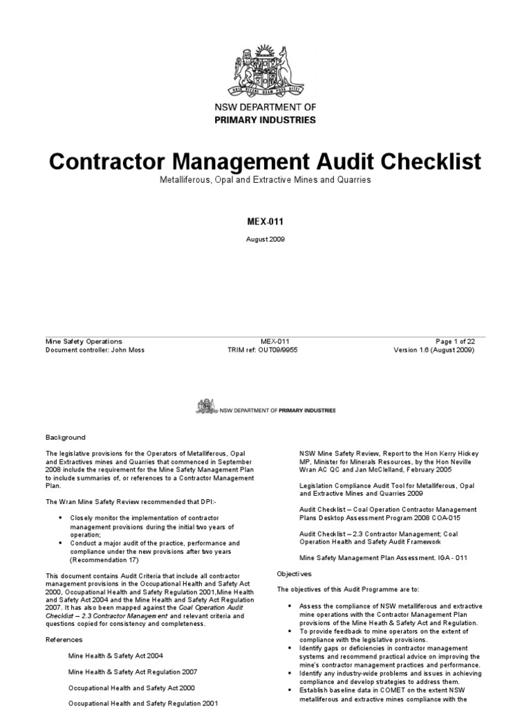 Contractor Management Audit Checklist | PDF | Occupational Safety And ...