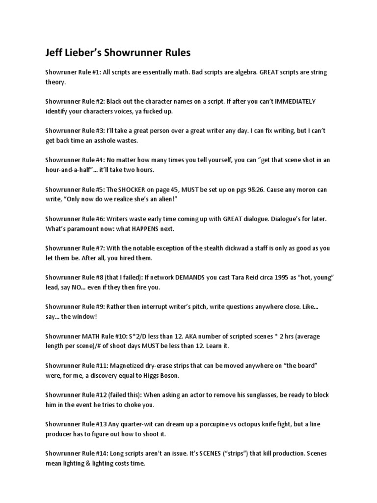 Showrunner Rules - Jeff Lieber | PDF | Screenplay | Screenwriting