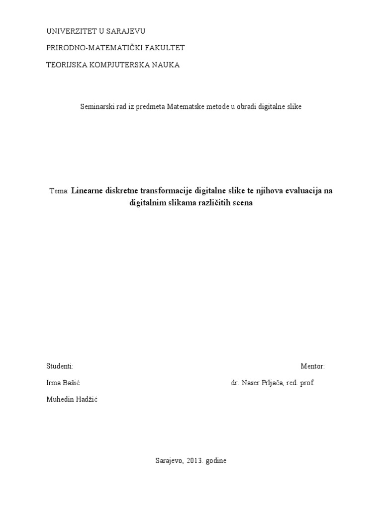Matematske Metode Za Obradu Digitalne slike-Muhedin&Irma 1 | PDF