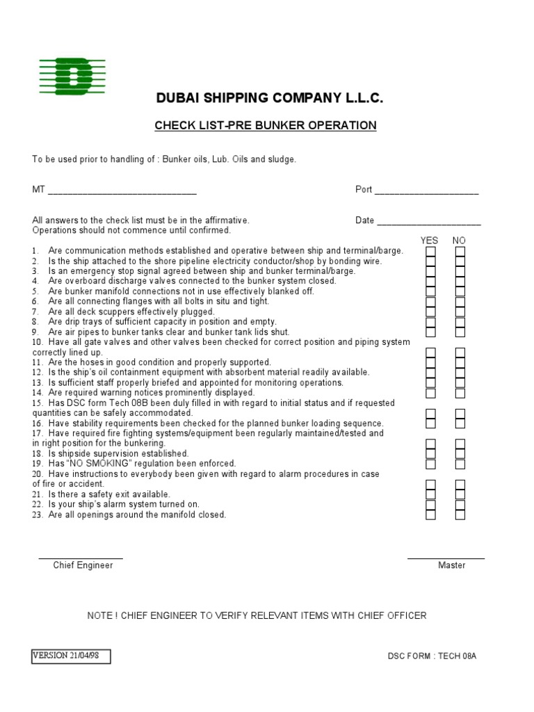 Pre-Bunkering Safety Checklist | PDF | Business | Technology & Engineering
