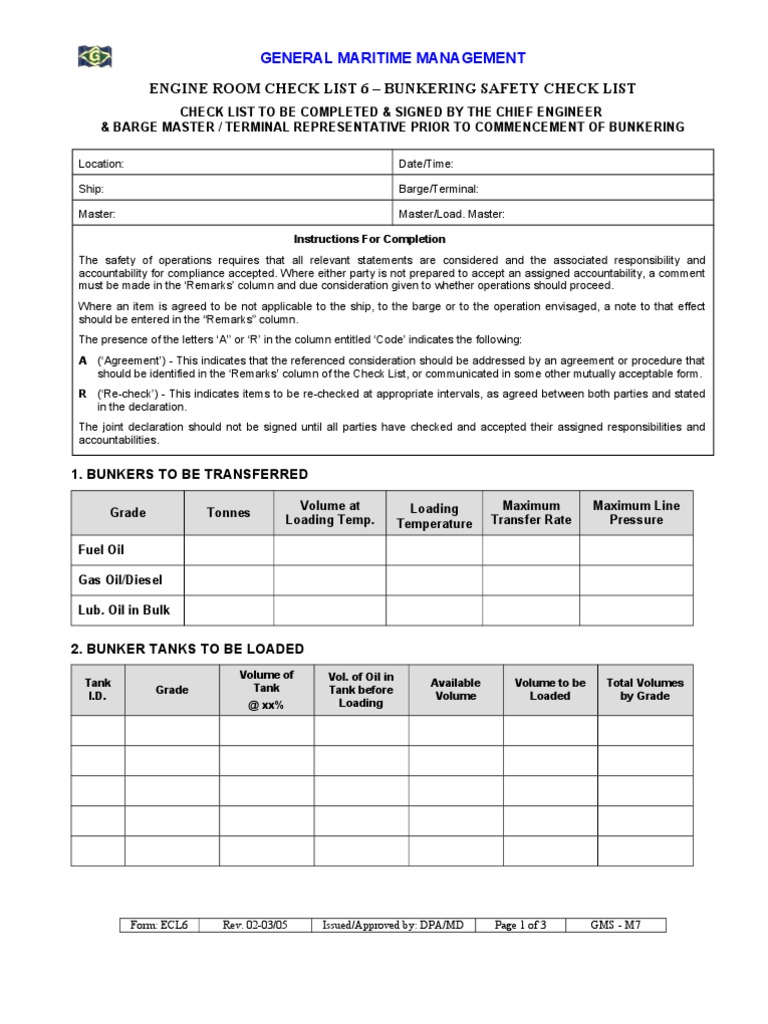 ECL6 Bunkering Safety Checklist | PDF | Fuel Oil | Ships