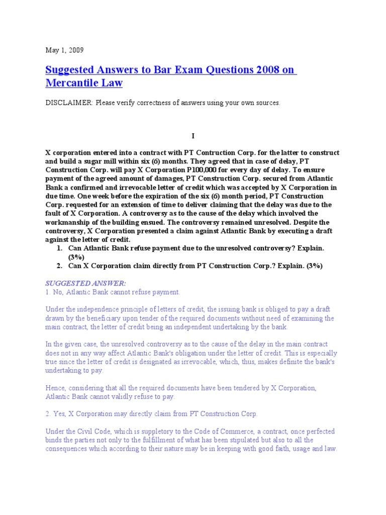 Bar Exam Suggested Answers 2008 | PDF | Letter Of Credit | Foreclosure