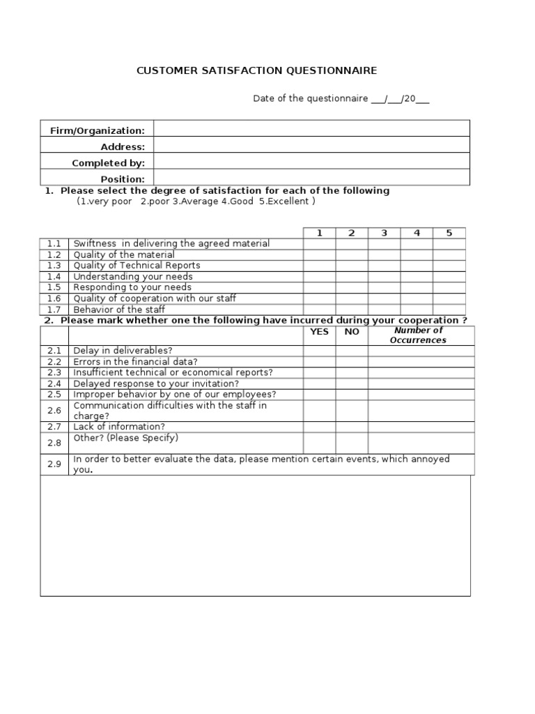 Customer Satisfaction Questionnaire Template | PDF | Career & Growth