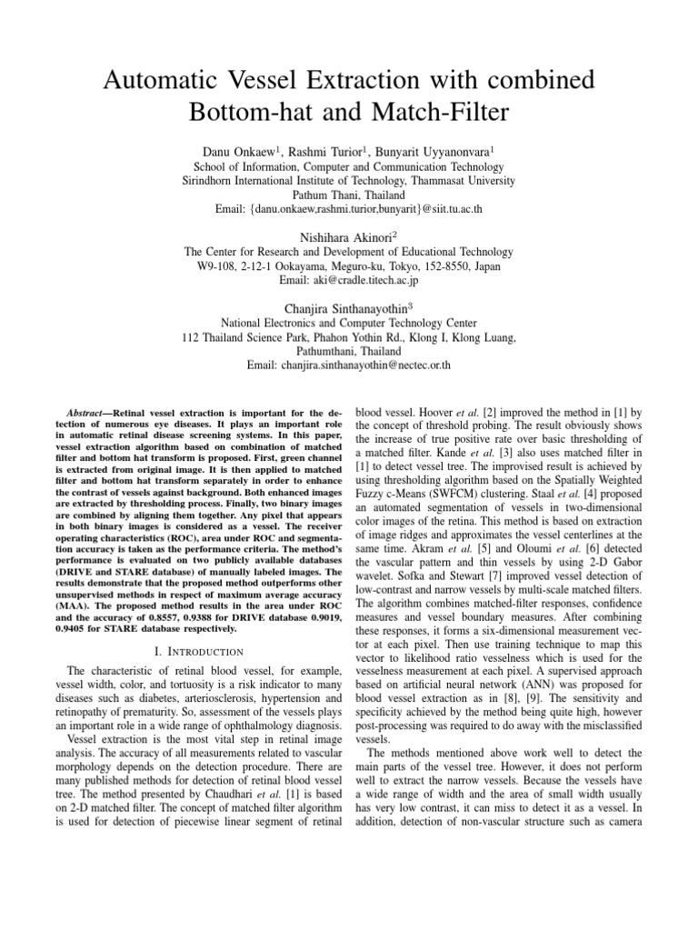 Automatic Vessel Extraction With Combined Bottom Hat and Match Filter | PDF