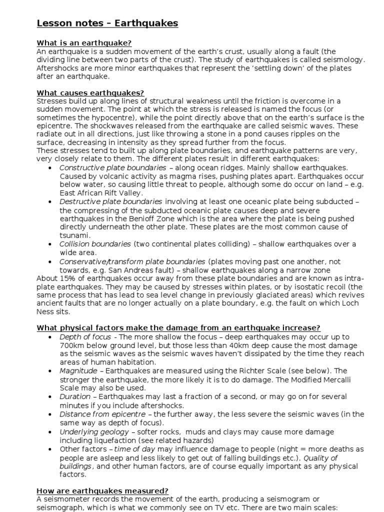 Lesson Notes Earthquakes | Download Free PDF | Earthquakes | Plate ...