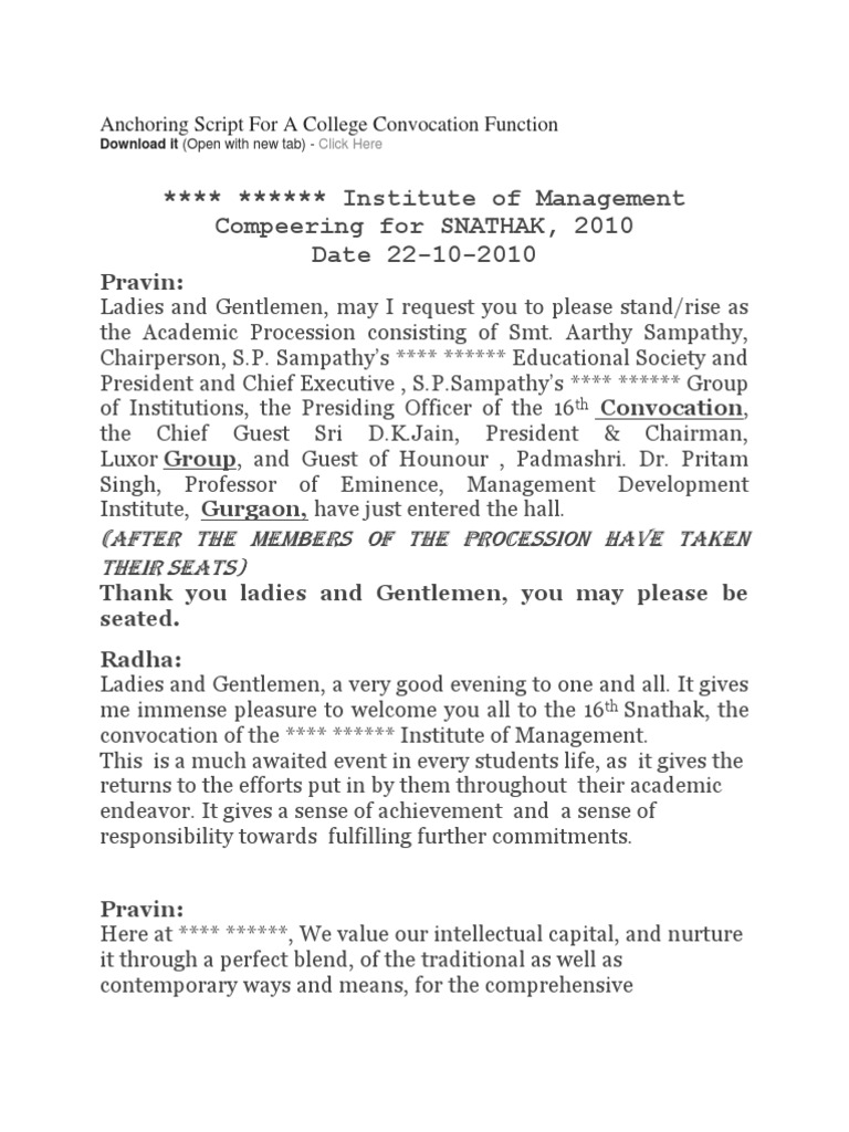 Anchoring Script For A College Convocation Function | PDF