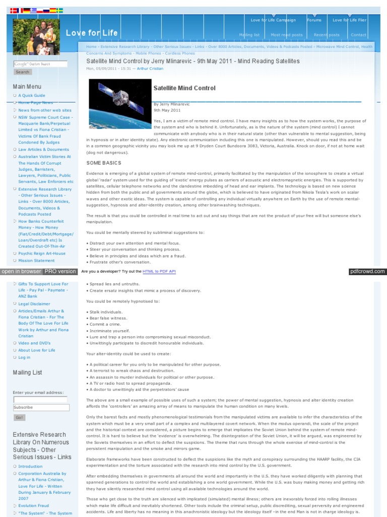Strahlenfolter - Satellite Mind Control by Jerry Mlinarevic - 9th May 2011 - Mind Reading ...