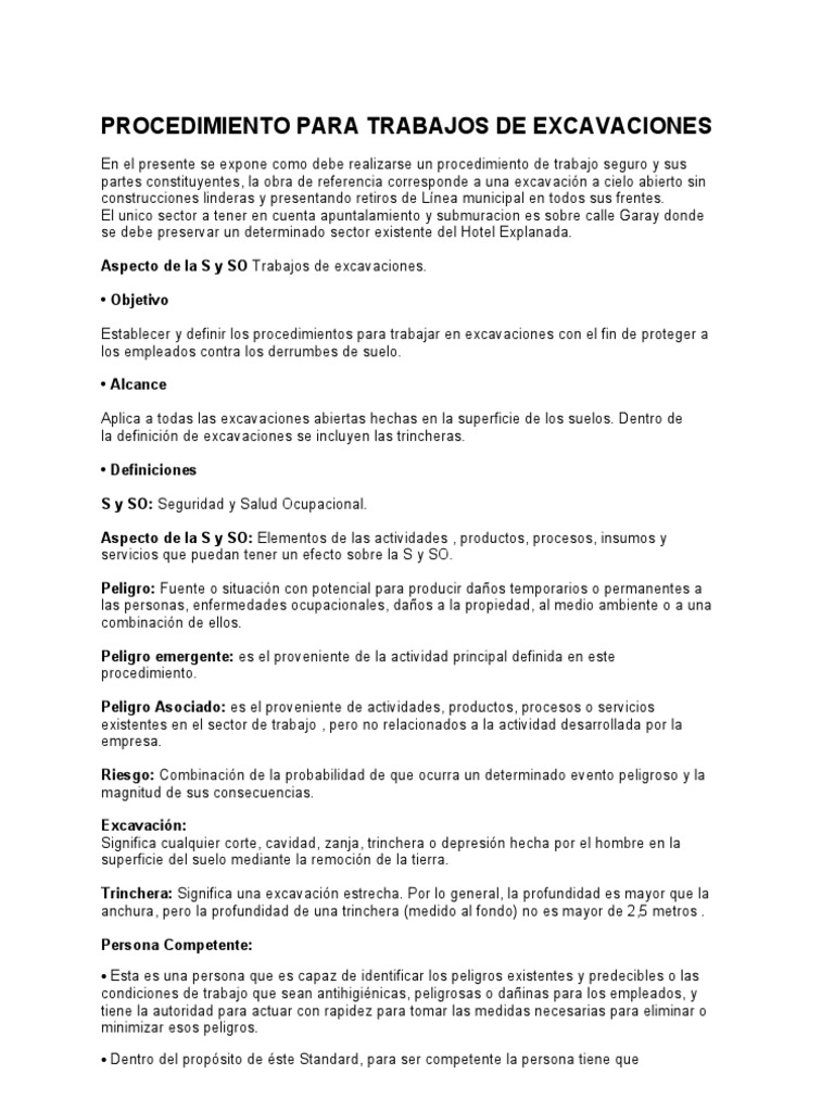 Procedimiento para Trabajos de Excavaciones | PDF | Excavación ...