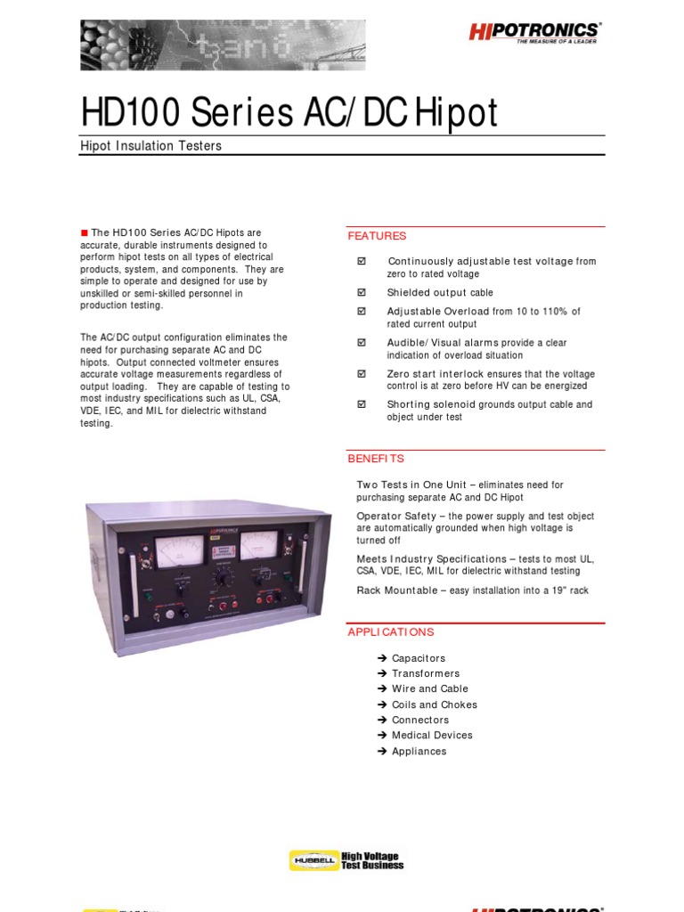 Test Electrical Products Safely with HD100 Hipots | PDF | Alternating ...