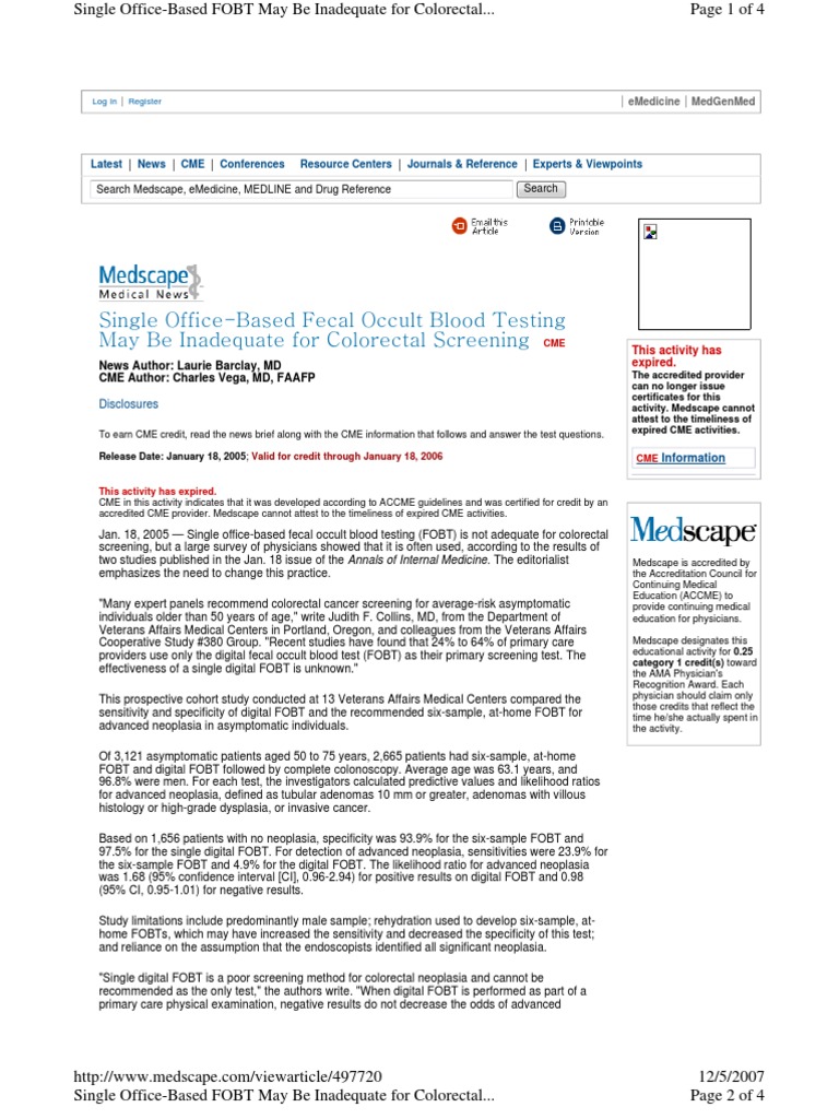 Single Office-Based Fecal Occult Blood Testing May Be Inadequate For ...