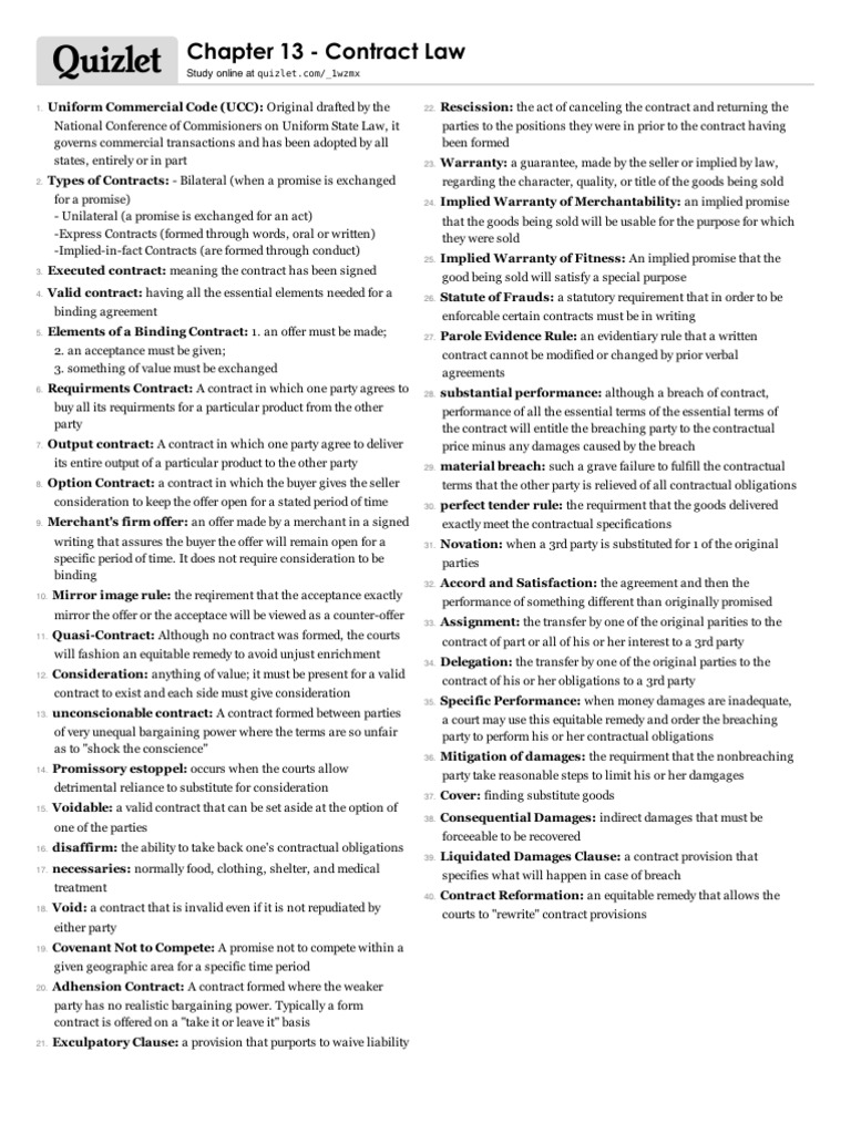 Key Concepts in Contract Law: Elements, Types of Contracts, Defenses, and Remedies | PDF ...