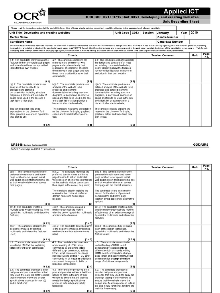 Applied ICT: OCR GCE H515/H715 Unit G053 Developing and Creating ...