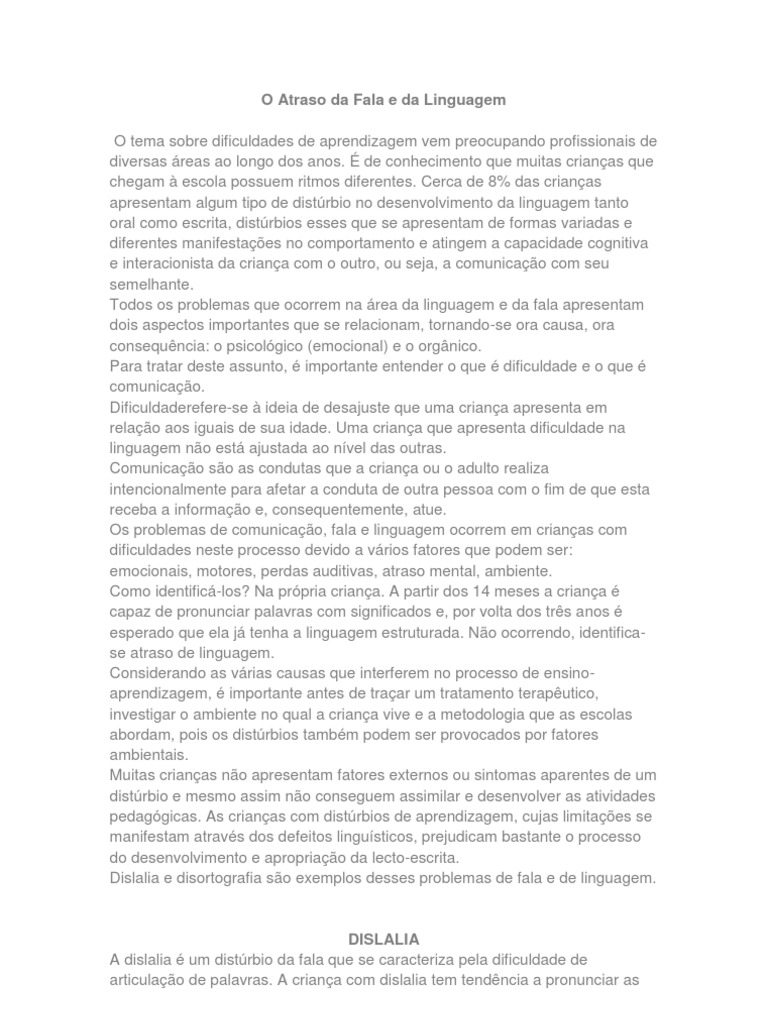 O Atraso Da Fala e Da Linguagem | PDF | Aprendizado | Conceitos ...