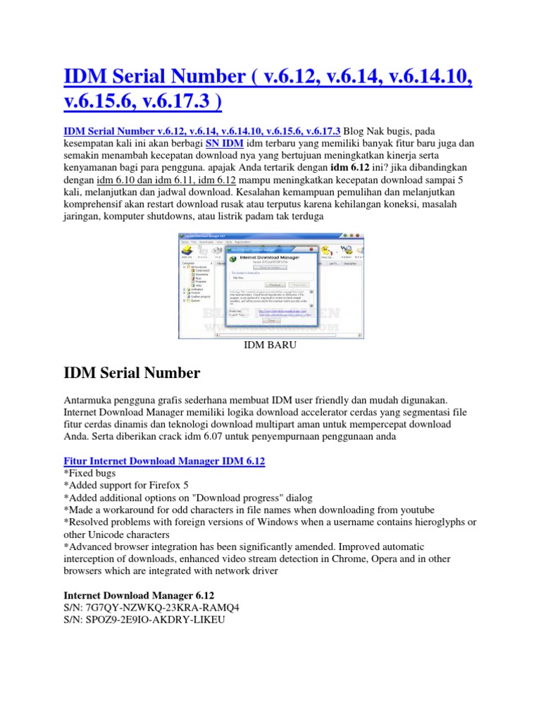 IDM Serial Numbers for Versions 6.12-6.17.3 | PDF | Computers