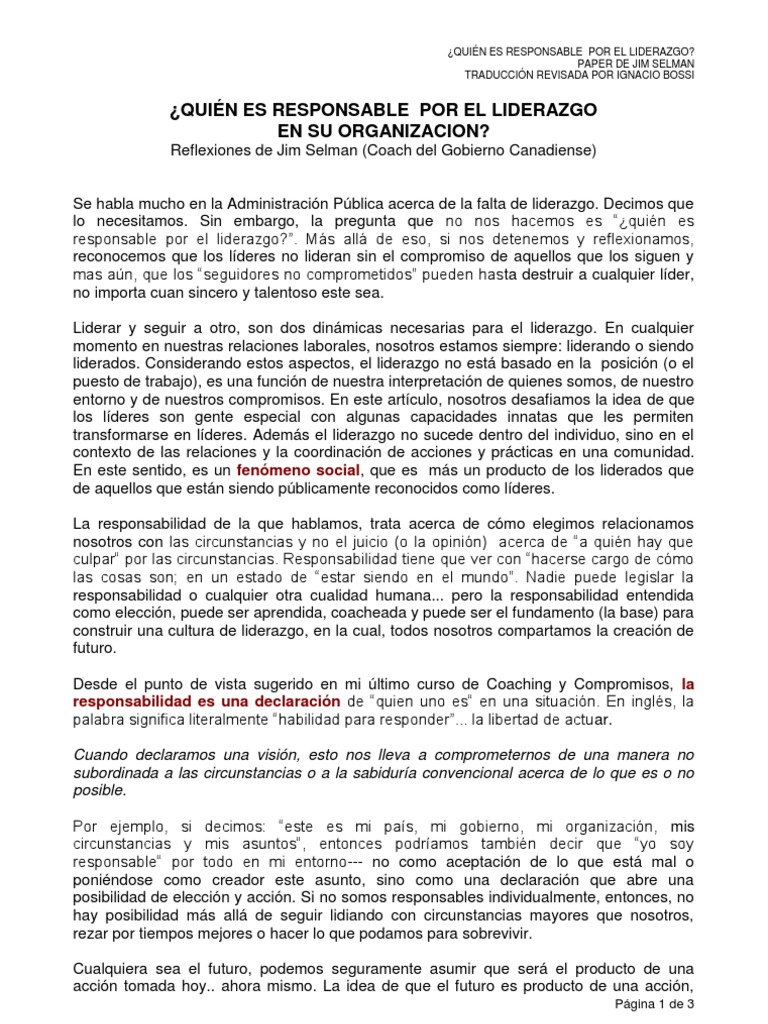 QUIÉN ES RESPONSABLE POR EL LIDERAZGO (Jim Selman) | PDF | Liderazgo ...