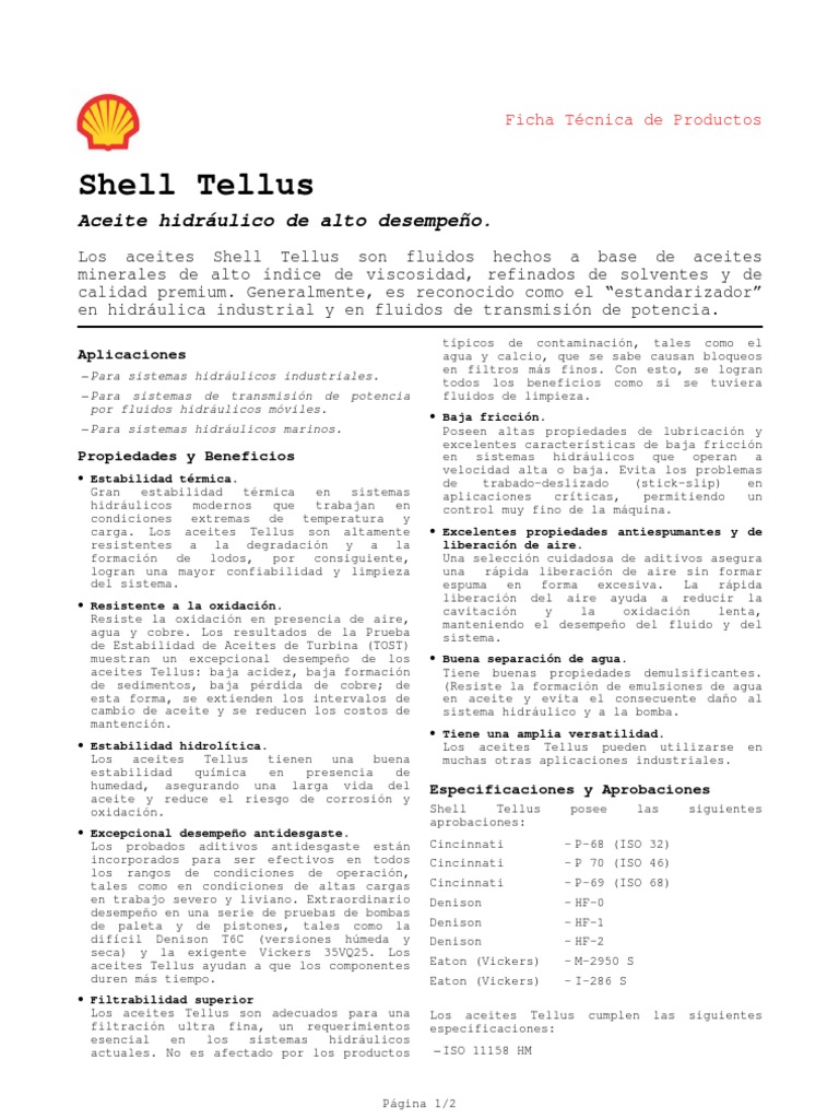 Ficha Técnica Aceite Shell Tellus | PDF | Sustancias químicas | Química