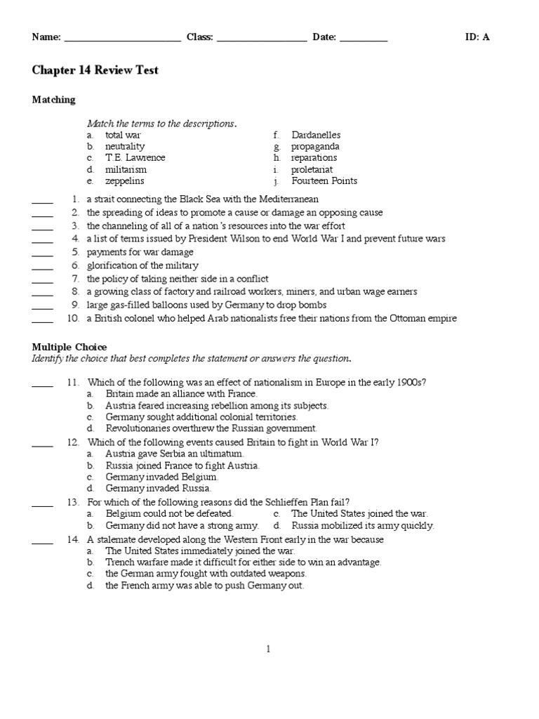 World War I Review Test | Download Free PDF | World War II | World War I