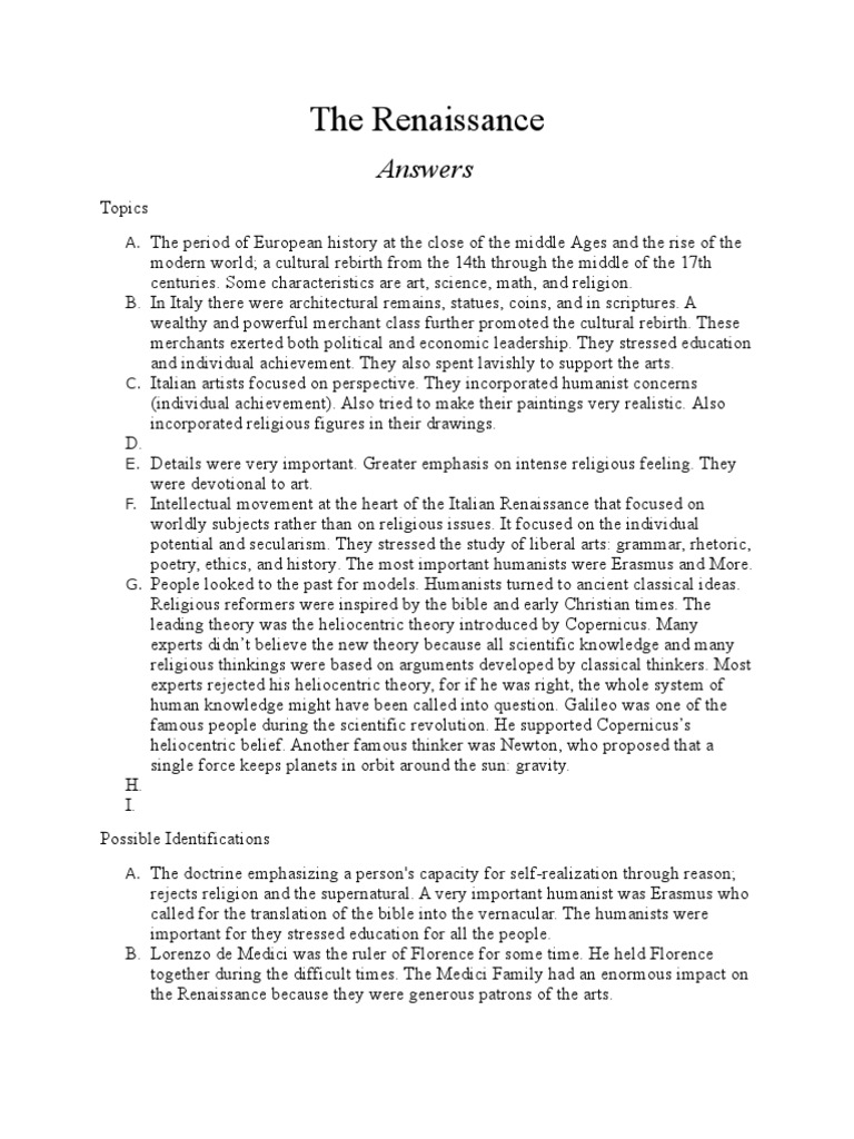 Answers To Renaissance Study Guide | PDF | Renaissance | Humanism