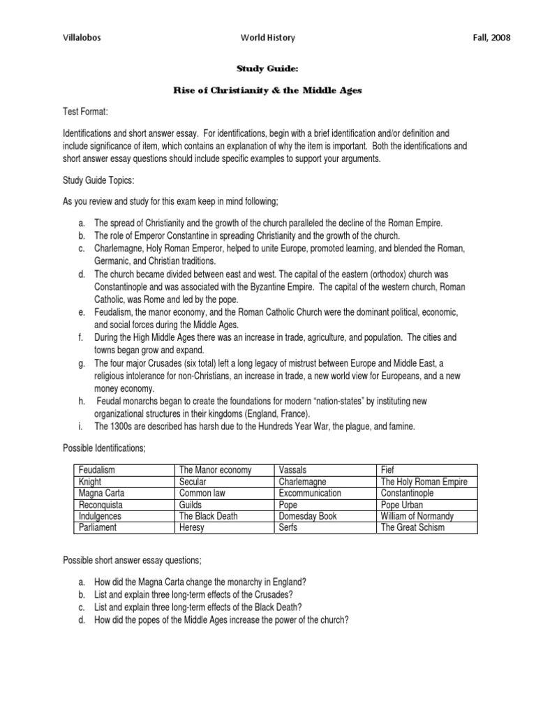 Rise of Christianity and The Middle Ages Study Guide | PDF | Middle ...