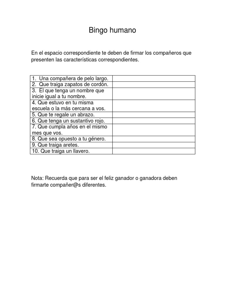 Bingo Humano | PDF | Artes del Lenguaje y Comunicación