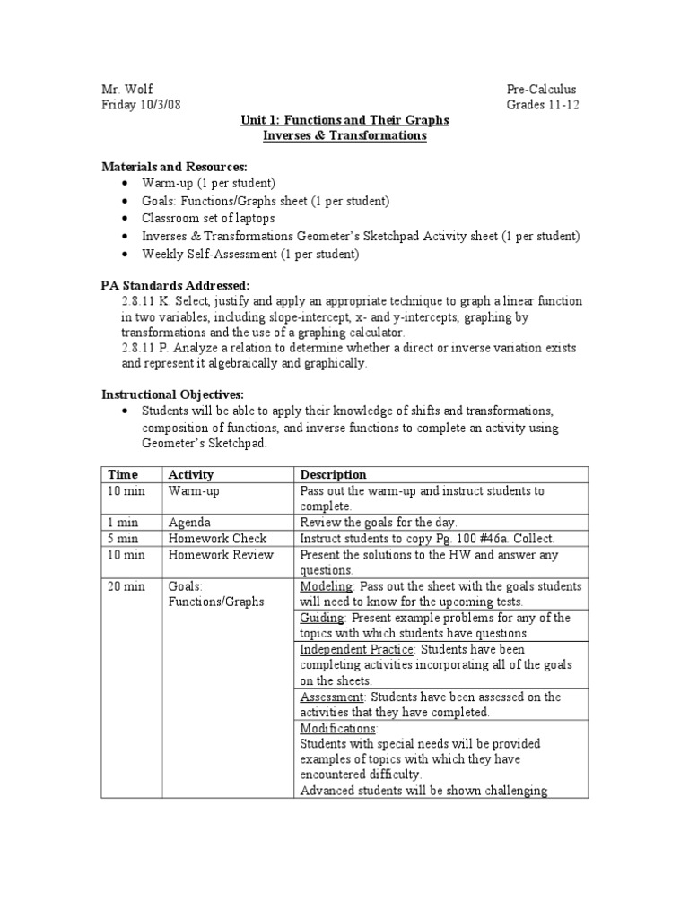 Lesson Plan 1.20 - Transformations and Inverses Activity (Sec. 1.8, 1.9 ...