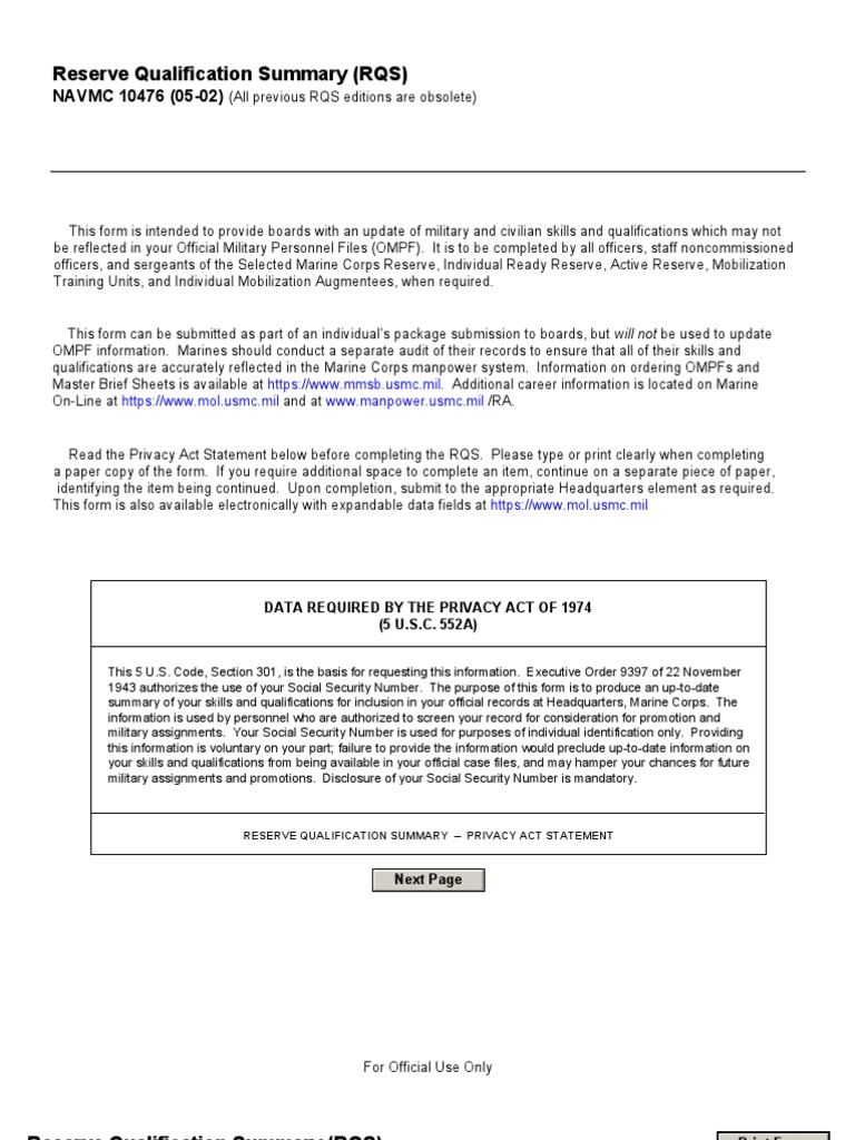 RQS - Navmc 10476 (05-02) | PDF | Social Security Number | United ...