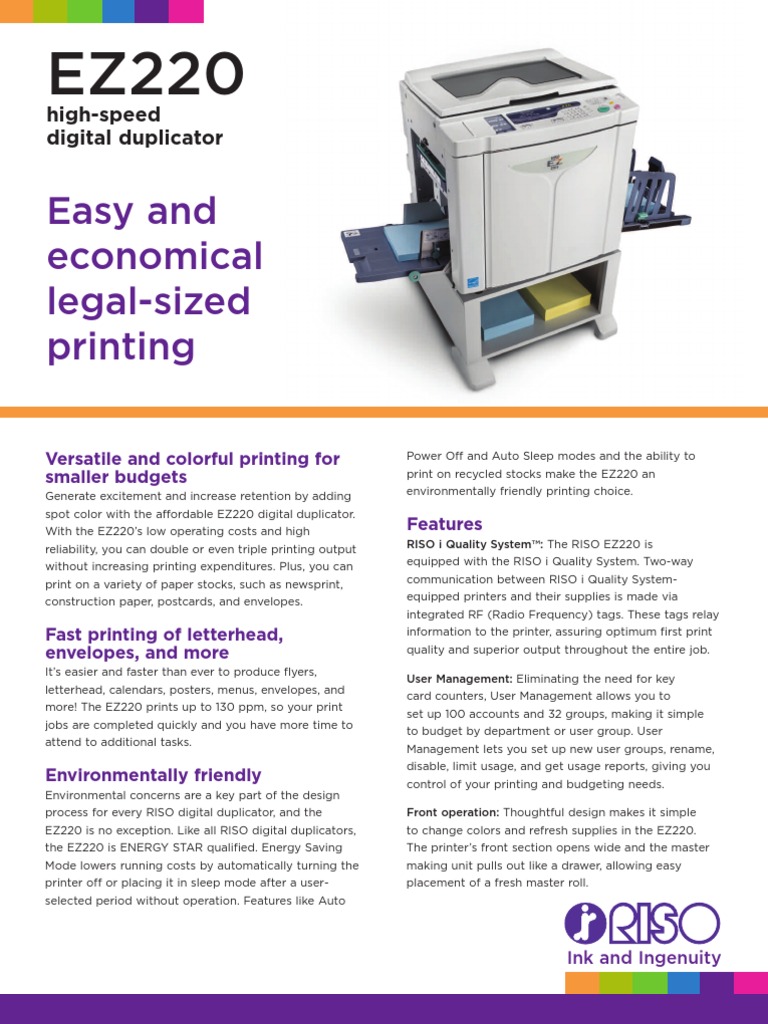 Riso Ez220 Spec Sheet | Printer (Computing) | Paper