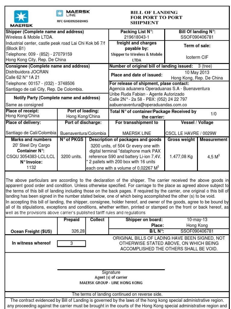 7. Bill of Landing | Consignee | Cargo