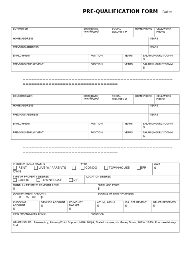 Pre-Qualification Form for Borrowers | PDF | Business | Law