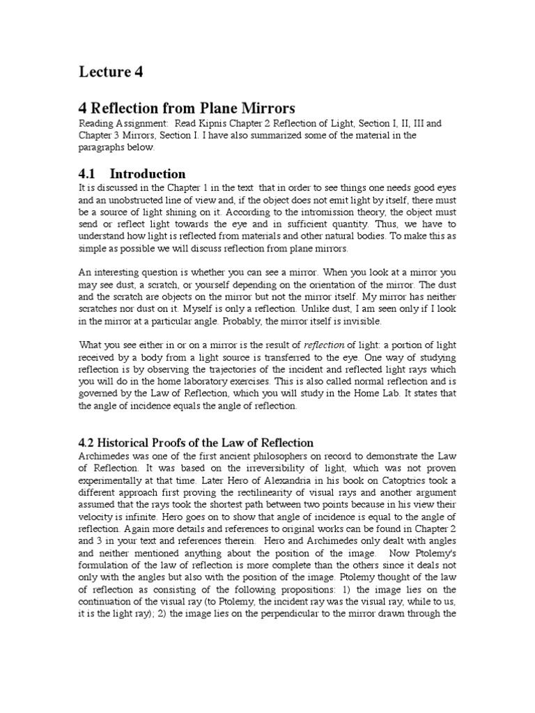 4 Reflection From Plane Mirrors: 4.2 Historical Proofs of The Law of Reflection | PDF ...